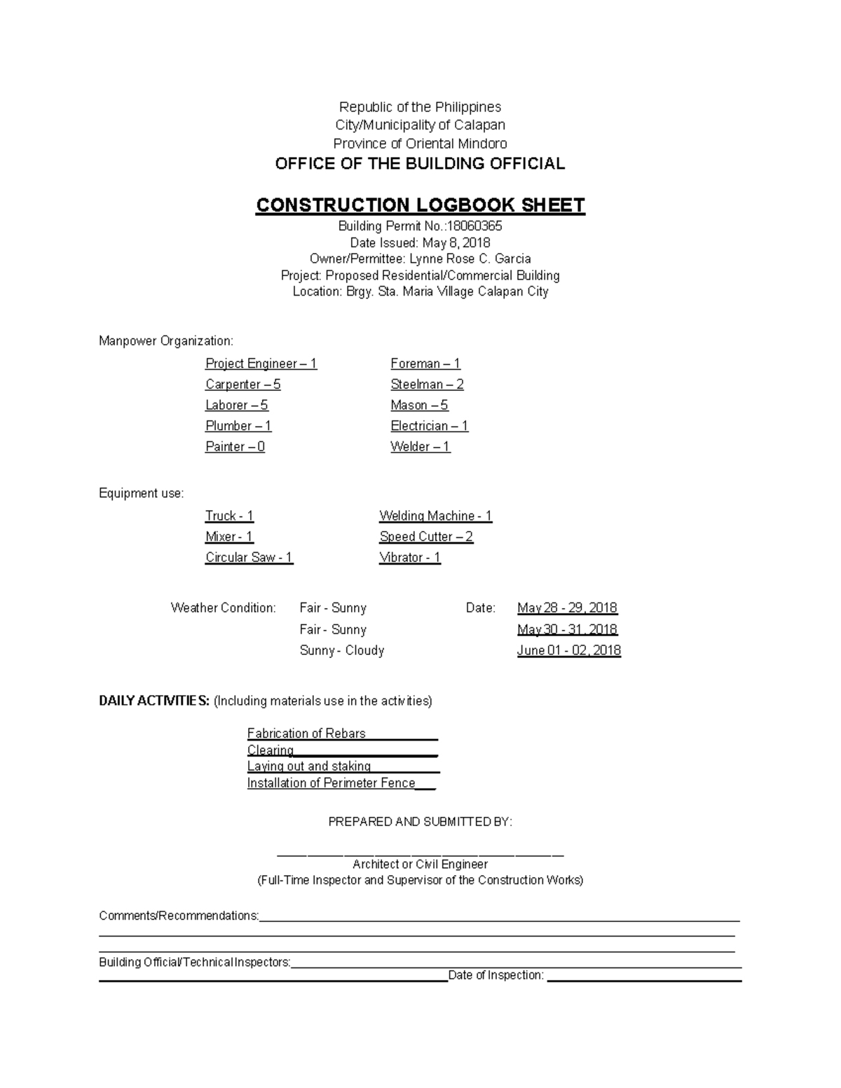 Construction Logbook Sheet Sample for Building Permits - Studocu