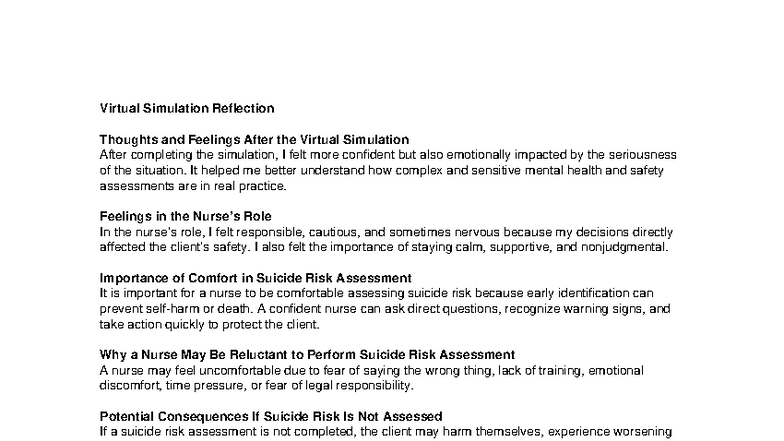 NUR 305 Virtual Simulation Reflection: Insights on Mental Health ...