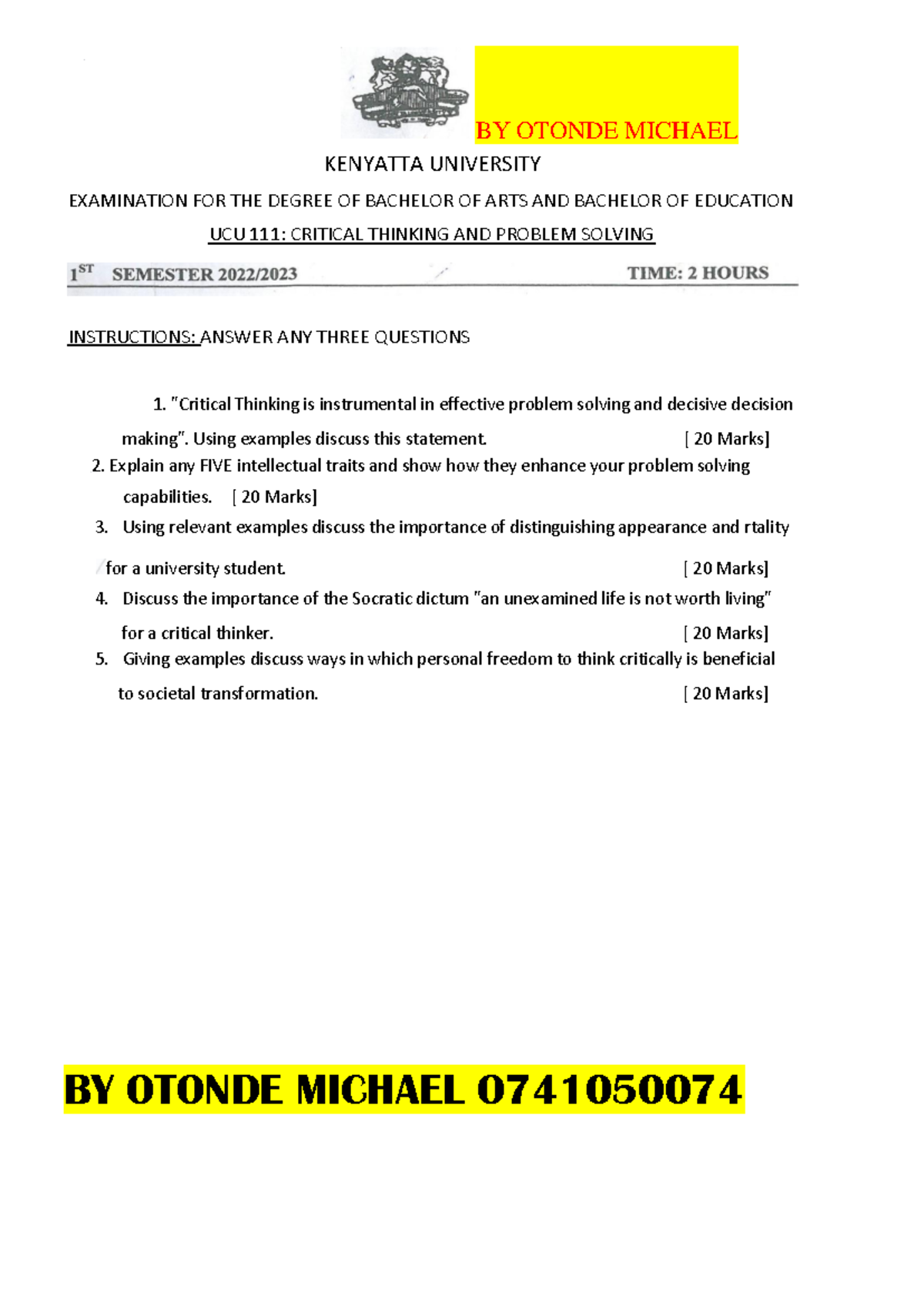 UCU 111 Critical Thinking & Problem Solving Past Exam Papers - Studocu