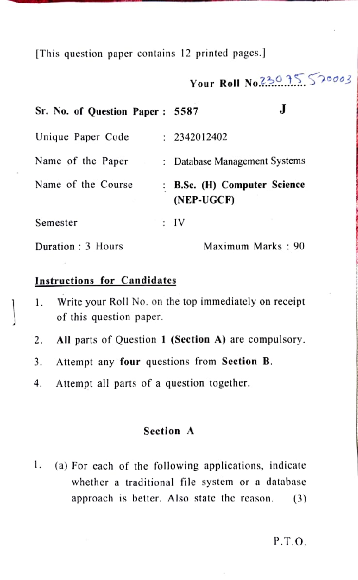 DBMS QP2025 - BSc (H) Computer Science IV Sem Question Paper - Studocu