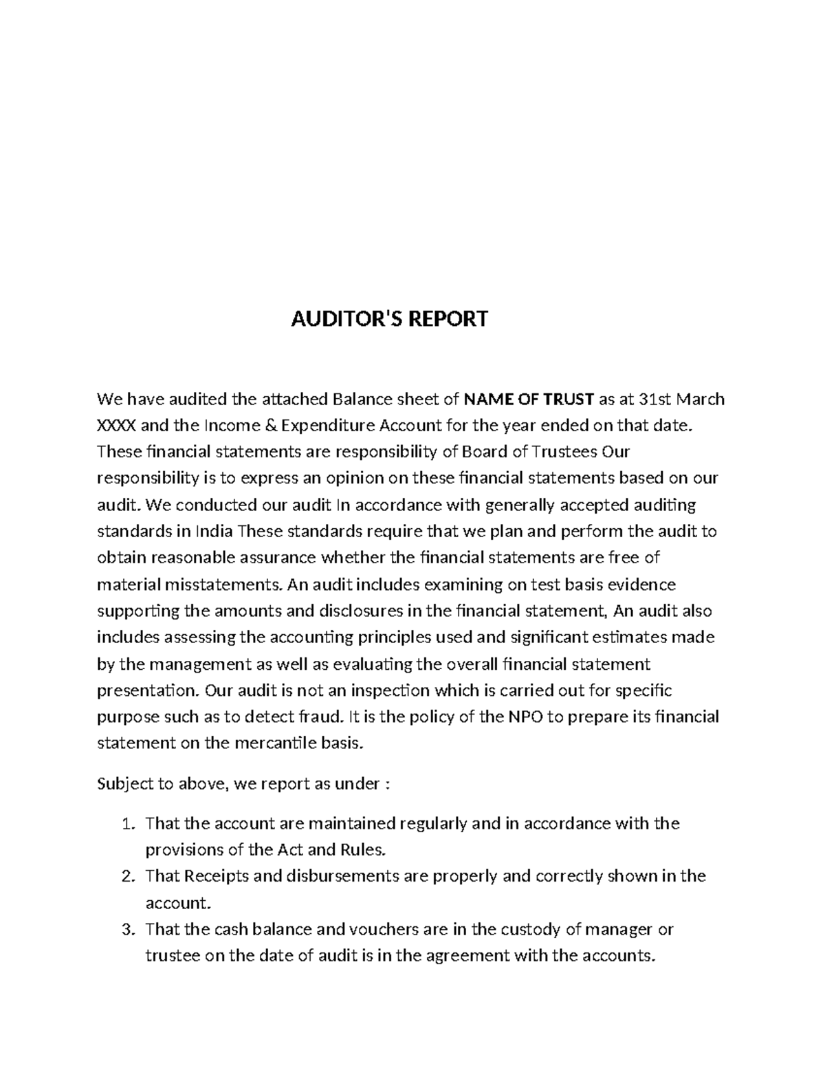 Trust Audit Report: Balance Sheet & Income Expenditure Account Analysis ...
