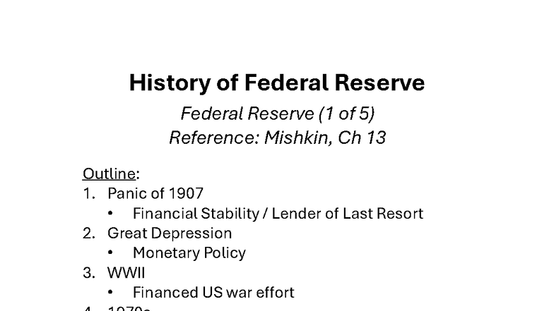 History of the Federal Reserve: Key Events Overview (USC Econ 357 ...