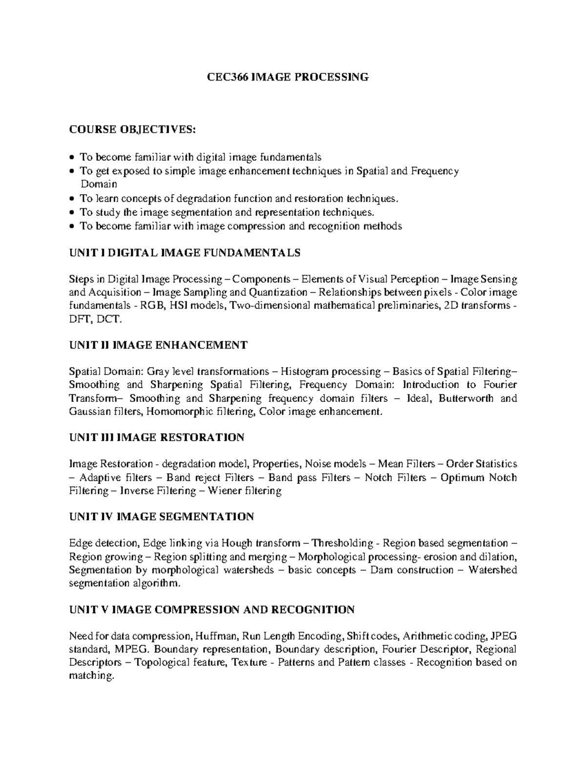 CEC366 Image Processing Course Overview and Key Concepts - Studocu