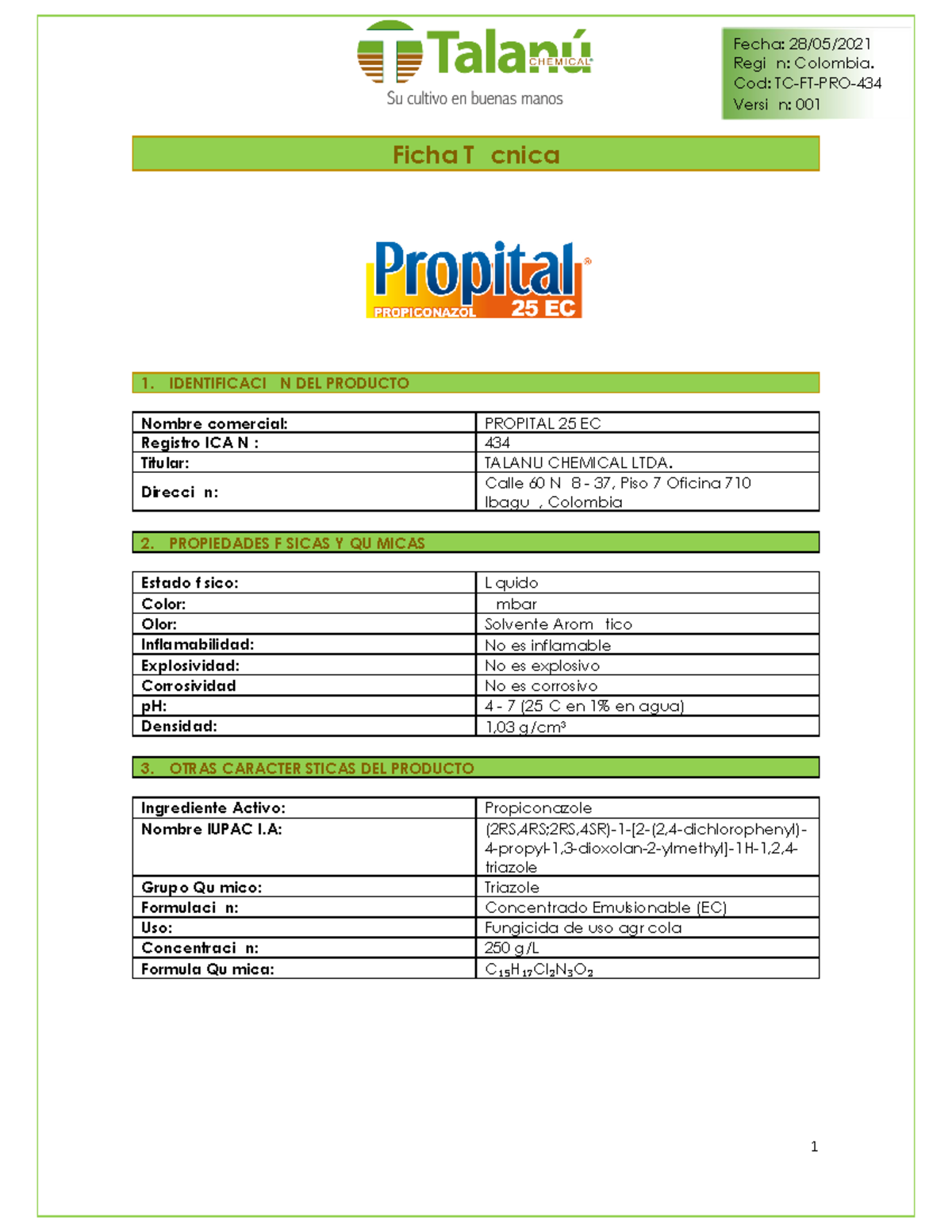 FT Propital 25 EC: Ficha Técnica de Fungicida Agrícola - Studocu
