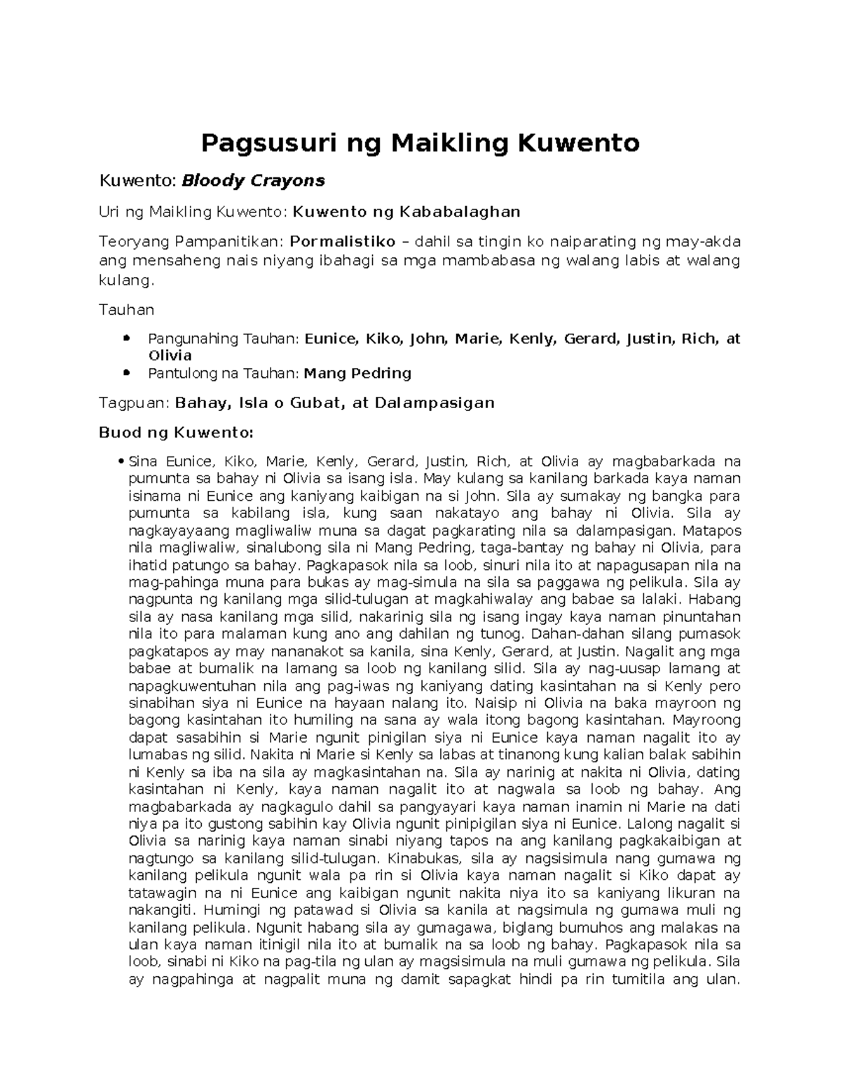618156352 Kritikal na Pagsusuri sa Kuwentong "Bloody Crayons" - Studocu