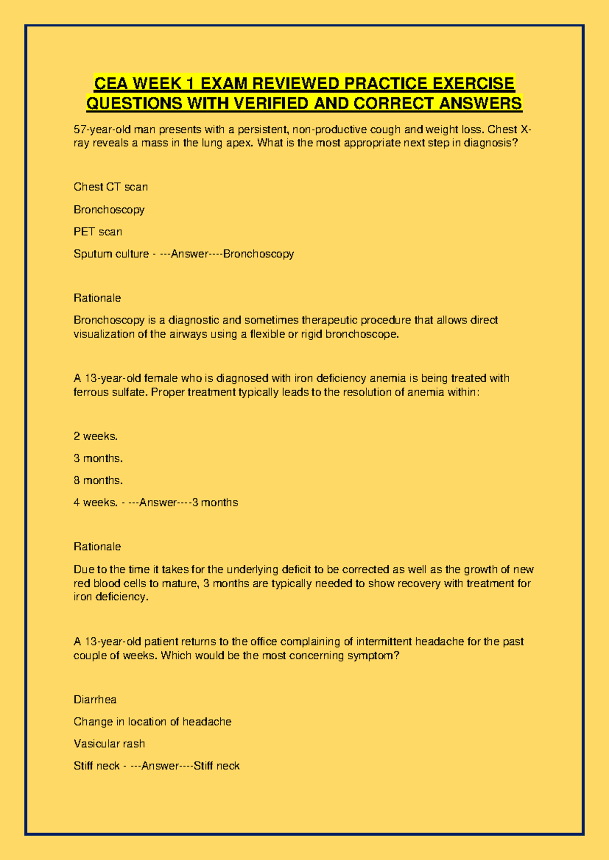 CEA WEEK 1 EXAM REVIEW: Practice Questions with Verified Answers - Studocu