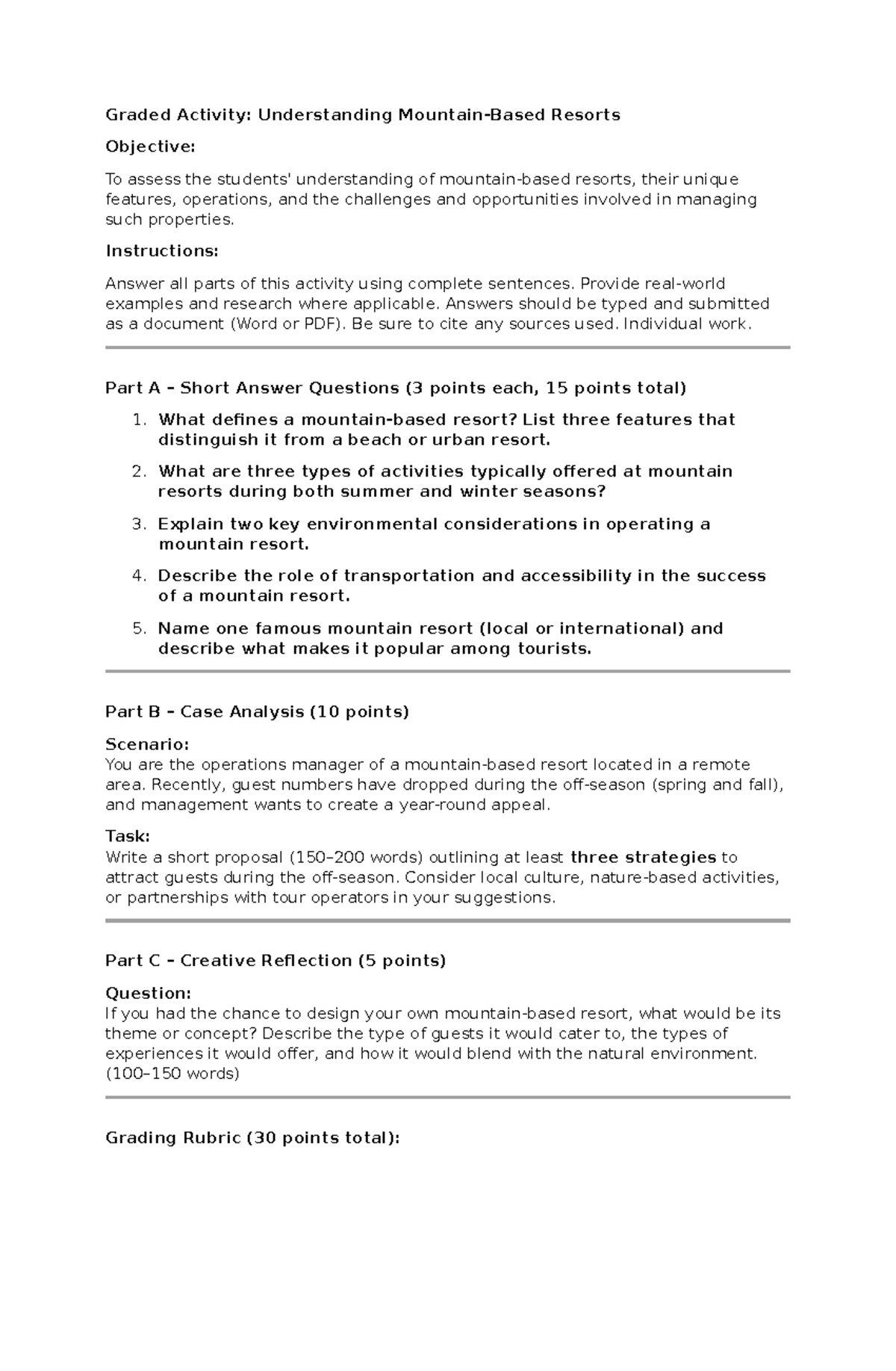 Graded Activity: Understanding Resorts - Features, Operations ...