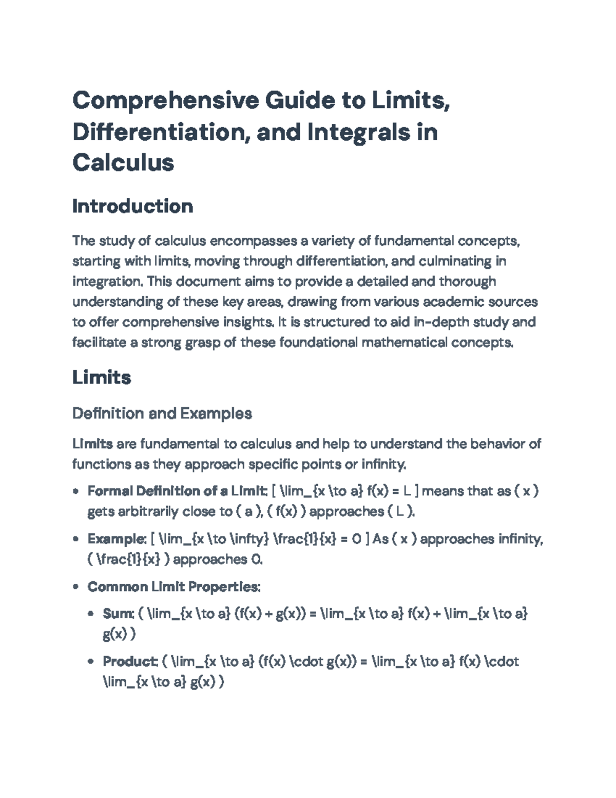Comprehensive Guide to Limits, Differentiation & Integrals in Calc ...