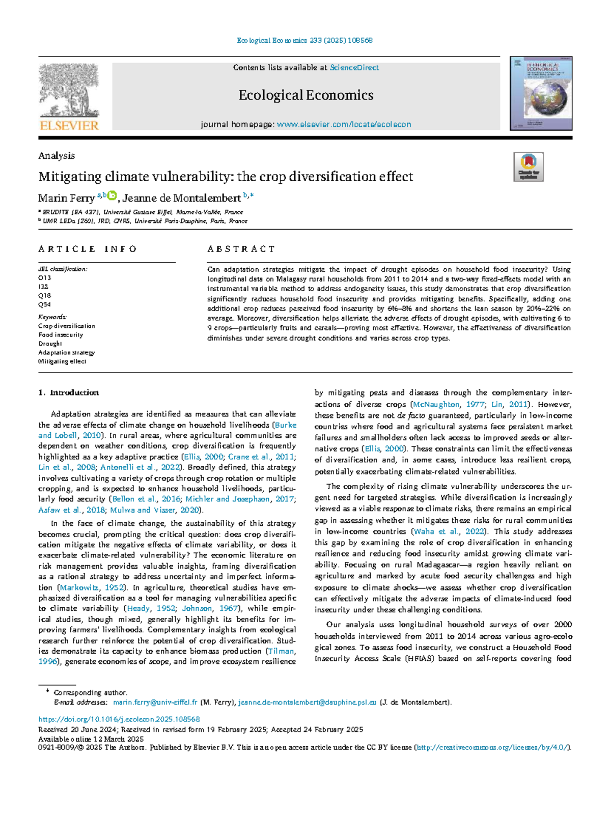 Crop Diversification and Food Insecurity Mitigation in Madagascar (ECO ...