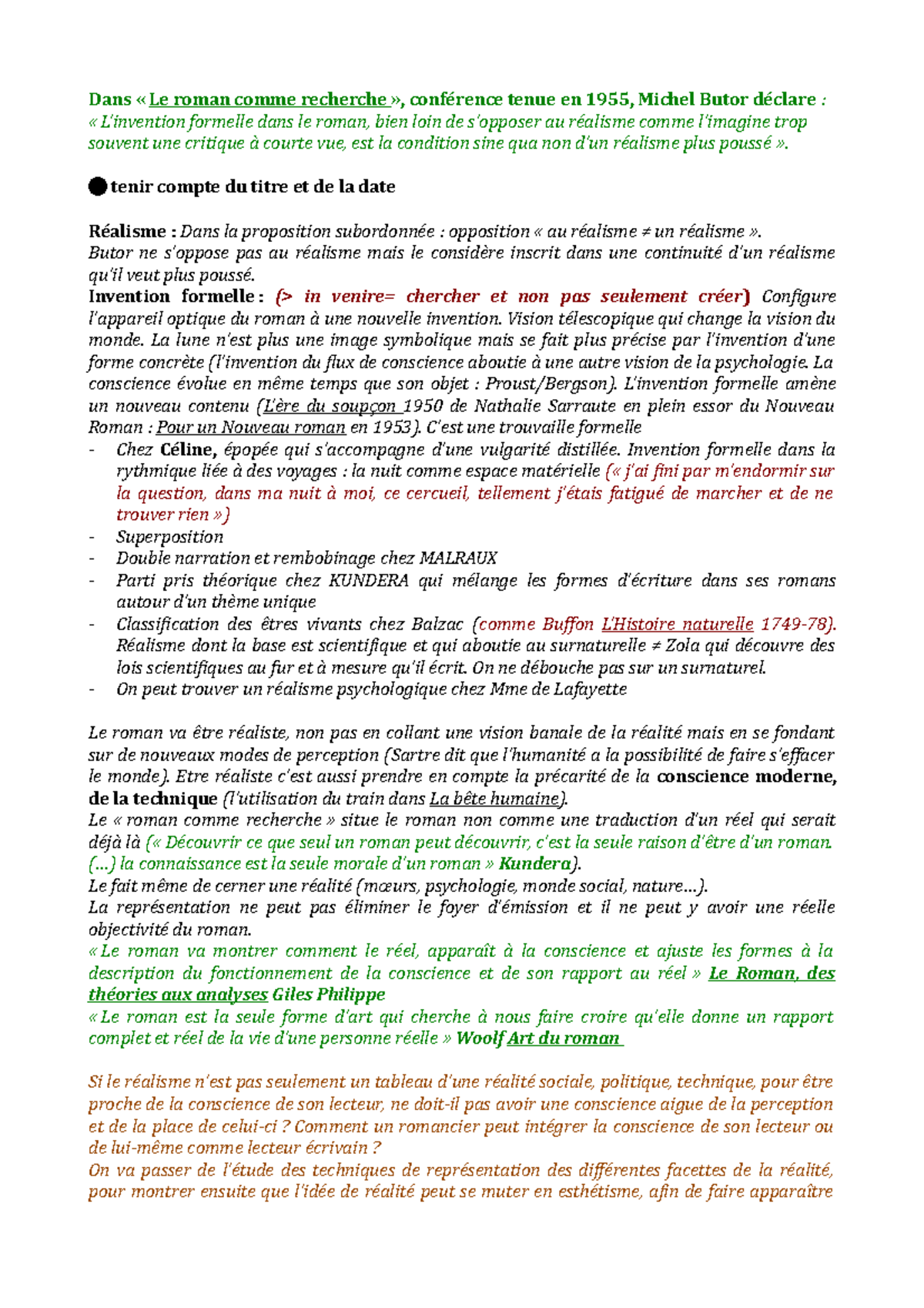 Fiche - Butor, Le roman réaliste - Dans « Le roman comme recherche ...