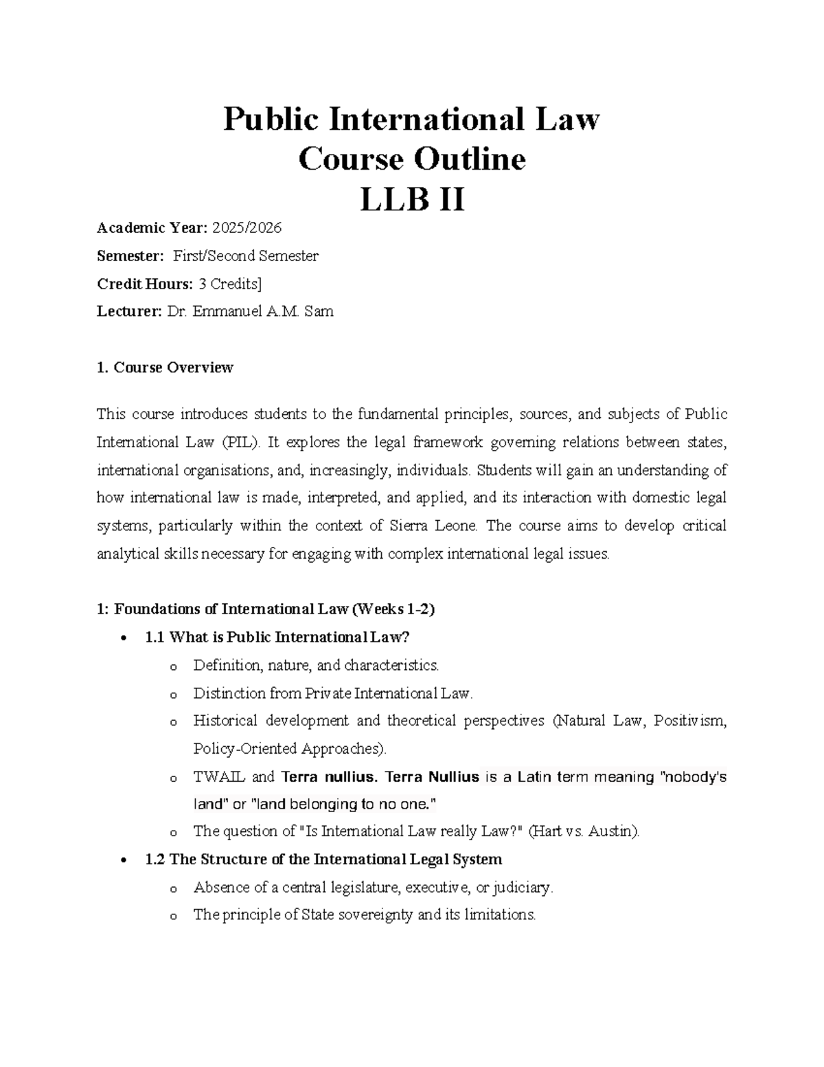Public International Law Course Outline LLB II - Semester 3 - Studocu