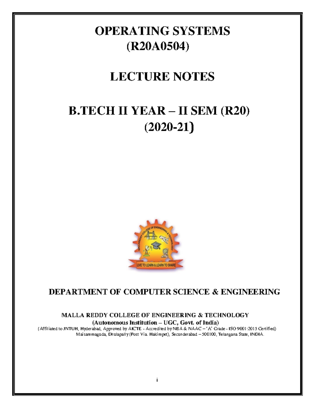 Operating Systems (R20A0504) Lecture Notes – B.Tech II Year - Studocu