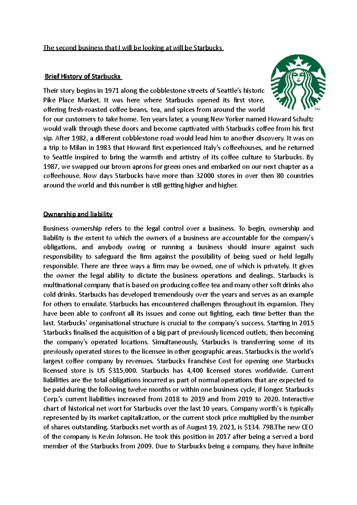 BUS 101: Unit 1 Case Study on Starbucks Business Operations - Studocu