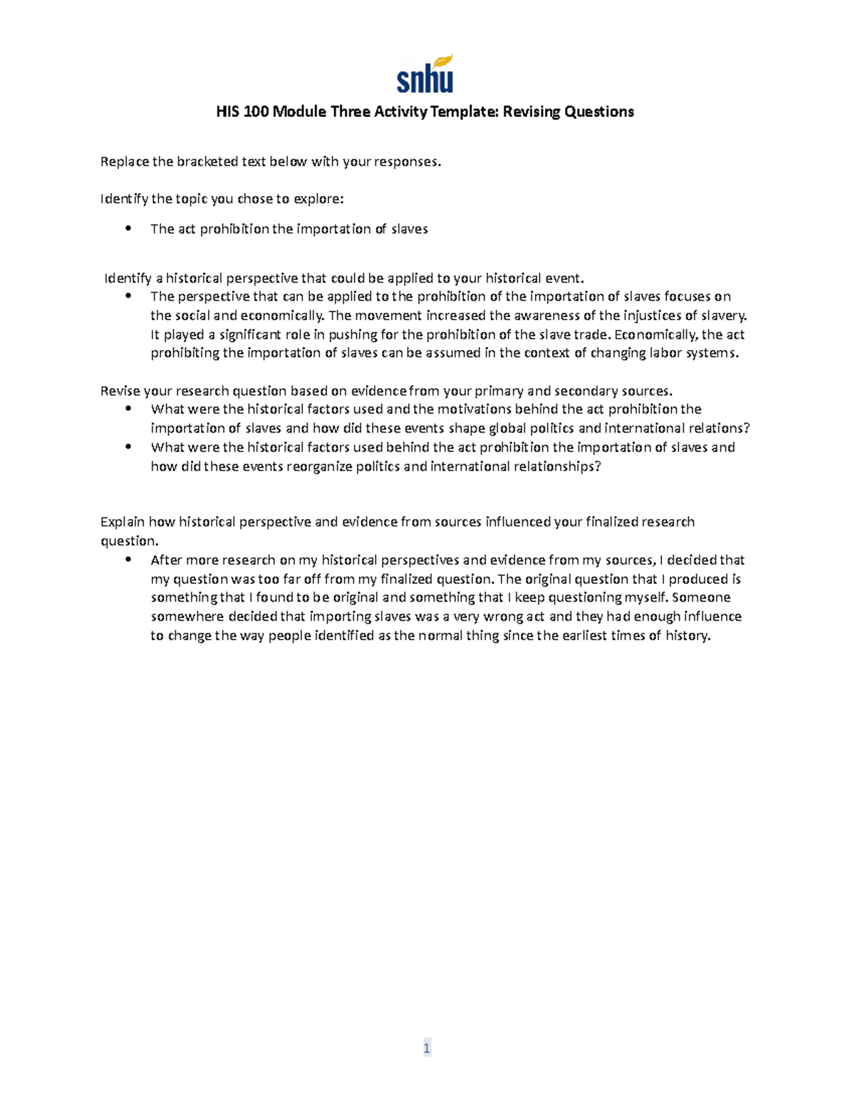 HIS 100 Module Three Activity Revising Questions Template - HIS 100 ...