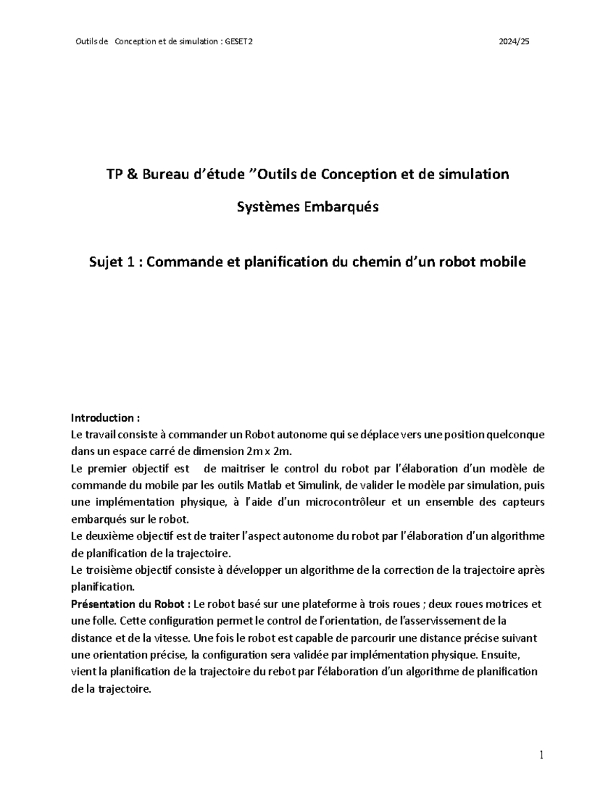 Bureau d'Étude & TP : Outils de Conception Robot Mobil GESET2 - Studocu