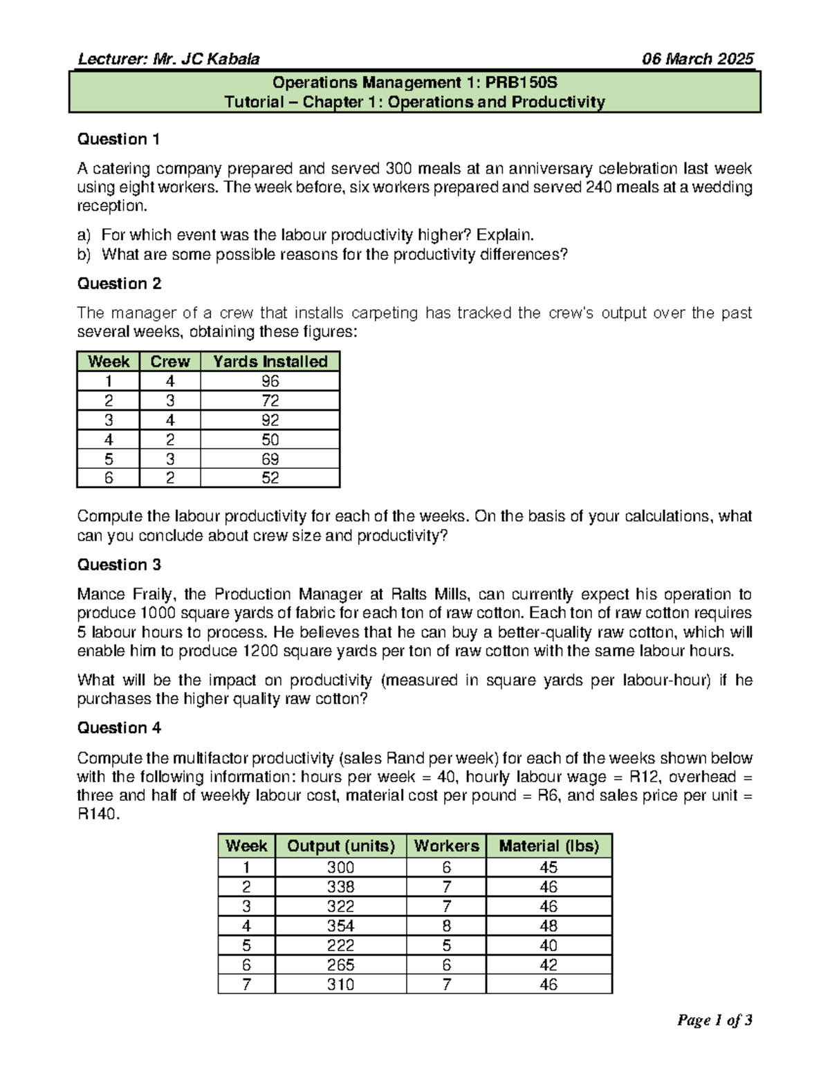 PRB150S Tutorial Chapter 1: Operations & Productivity Questions 2025 - Studocu