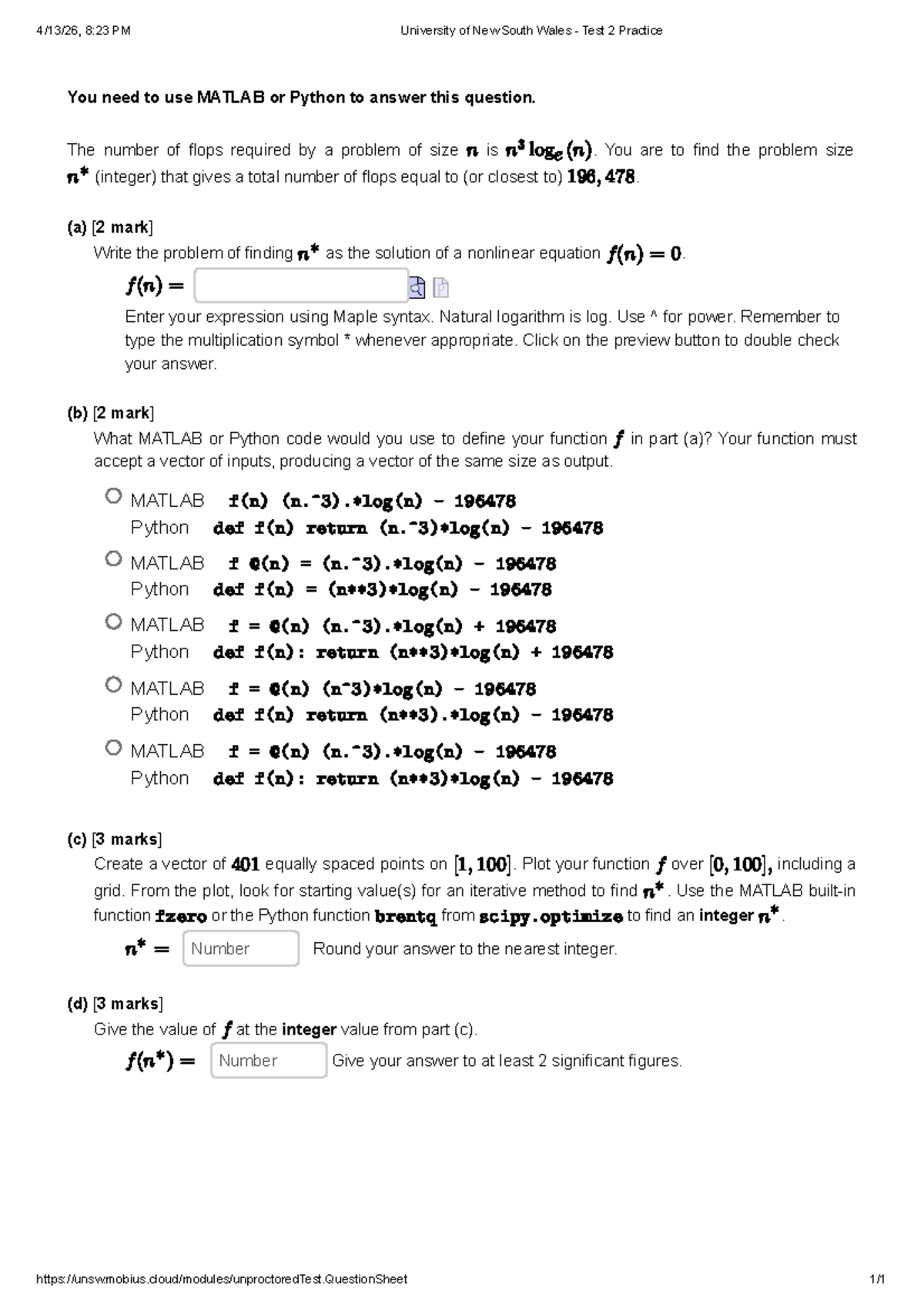 University of New South Wales - Test 2 Practice on Nonlinear Equations ...