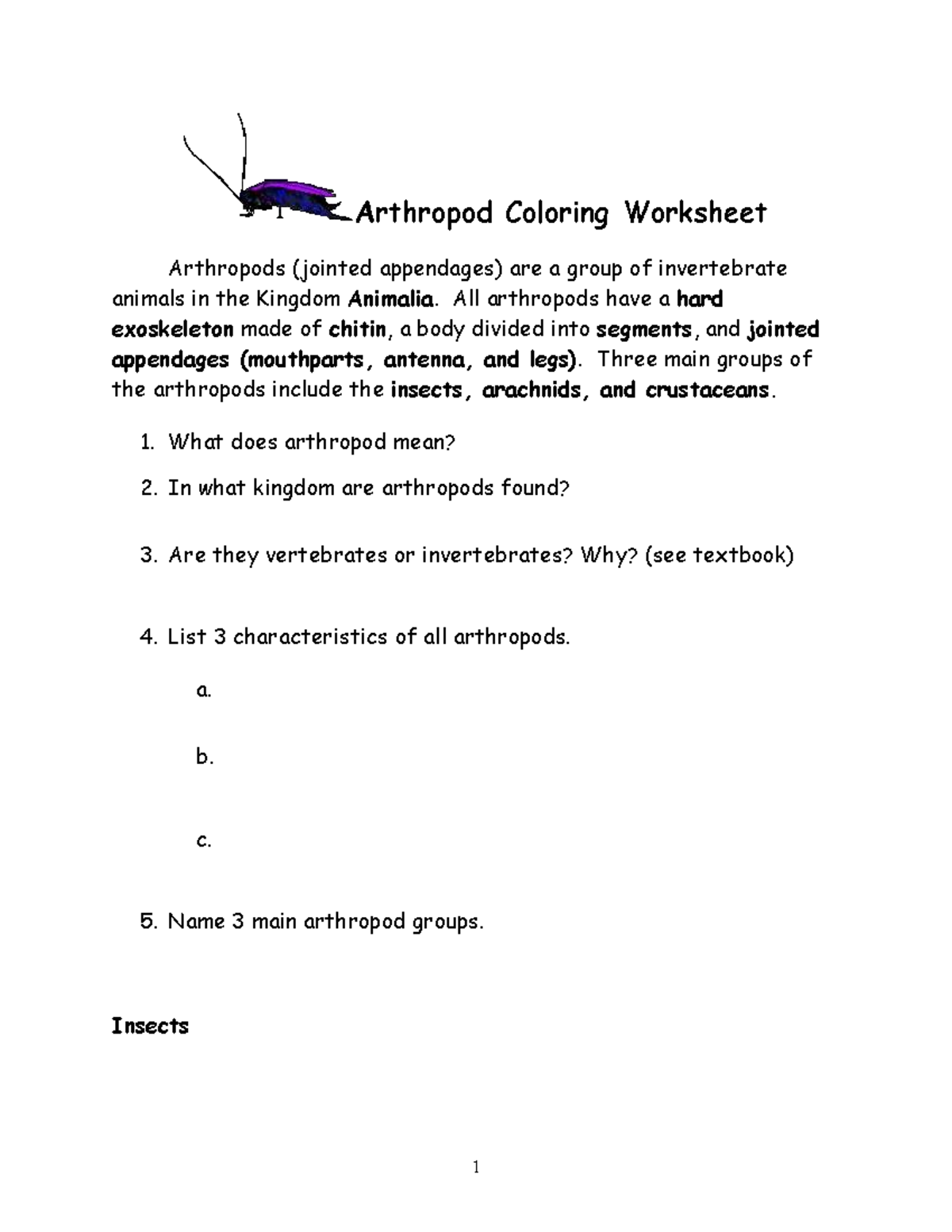 Arthropod Coloring Worksheet: Exploring Insects, Arachnids ...