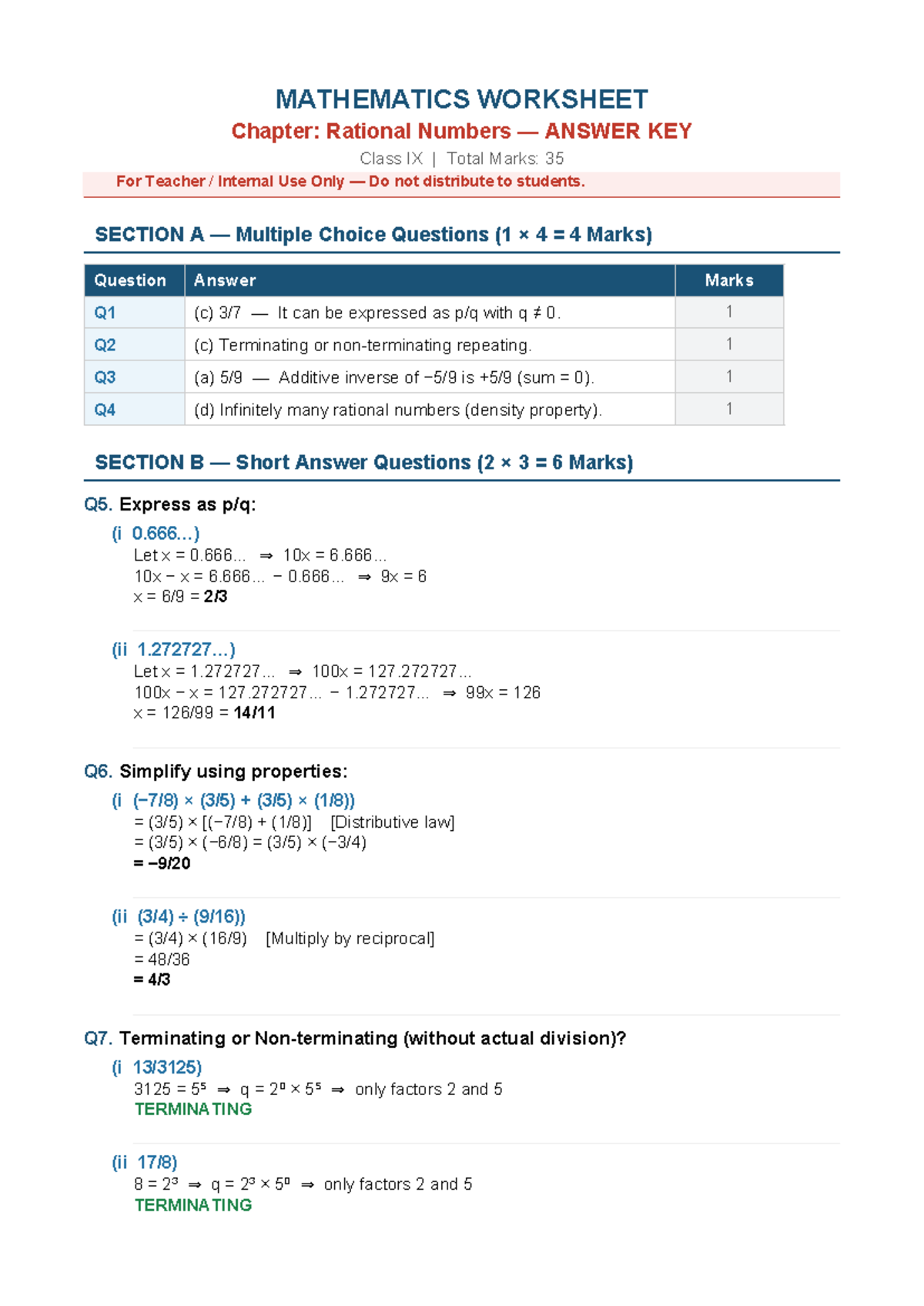 MATHEMATICS WORKSHEET Class IX: Rational Numbers ANSWER KEY - Studocu
