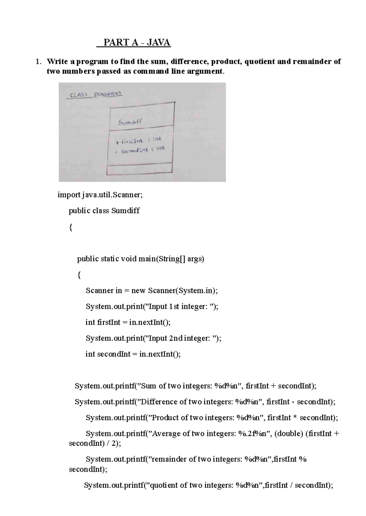 JAVA-JS-PHP lab - Lab programs - PART A - JAVA 1. Write a program to find the sum, difference ...