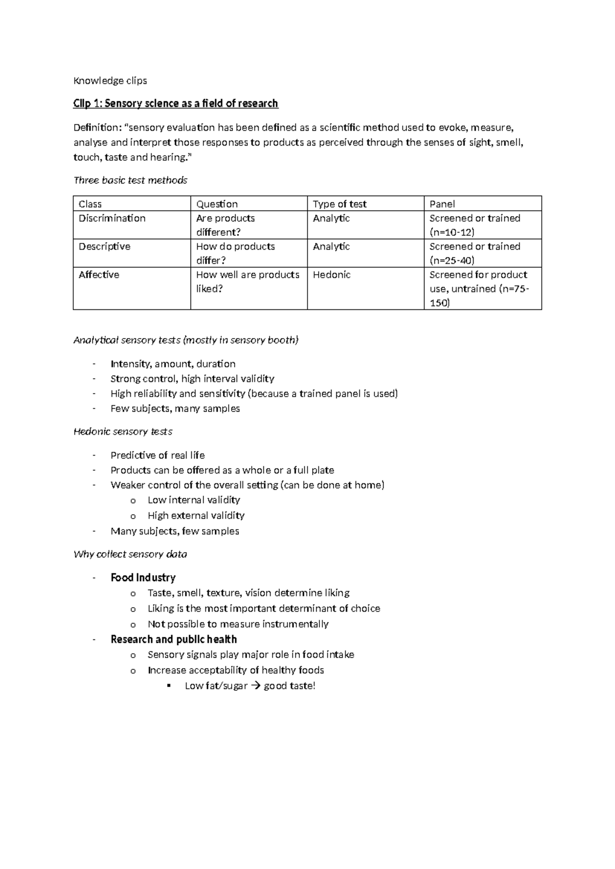 Knowledge Clips: Sensory Science Research Methods Overview - Studeersnel