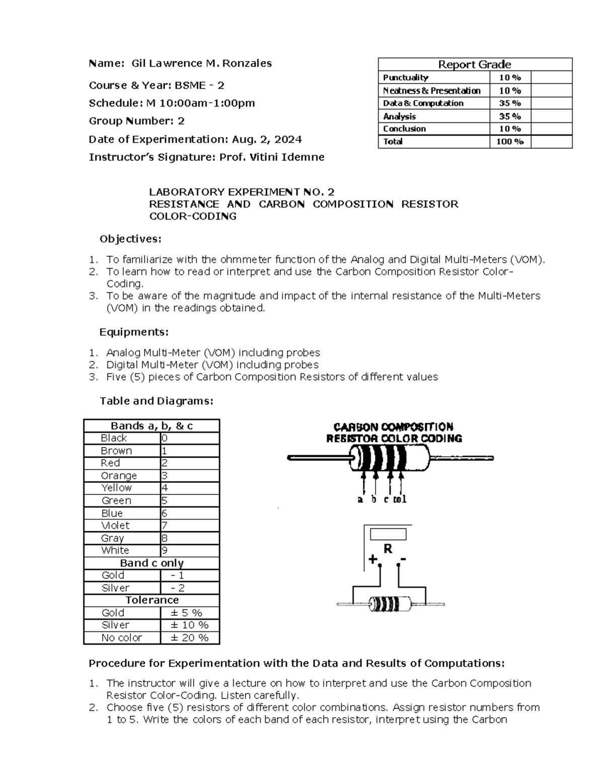 EXPT 2 Resistor Color Coding - Name: Gil Lawrence M. Ronzales Course ...