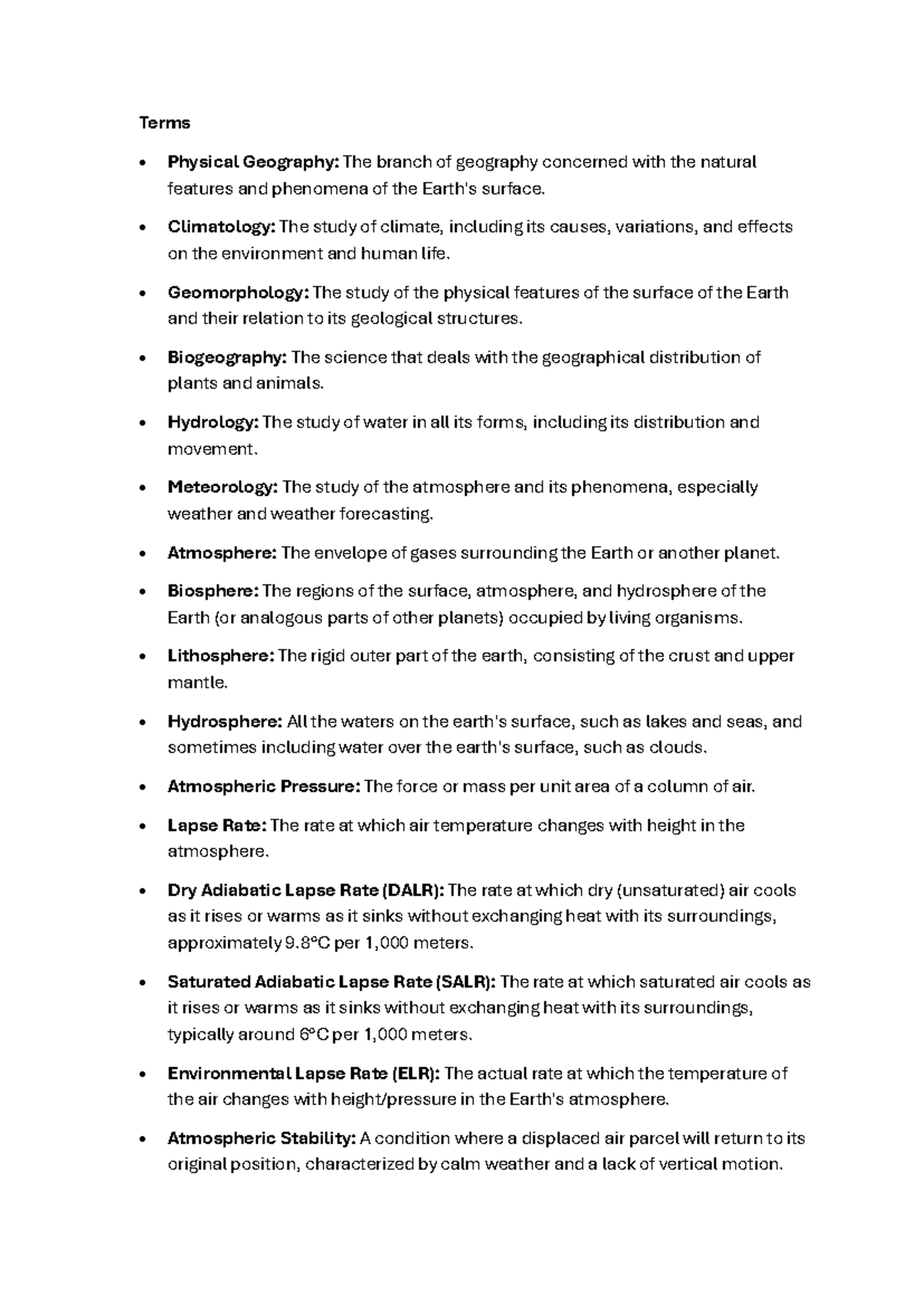 Geo 111 Key Terms in Physical Geography & Climatology Study Guide - Studocu