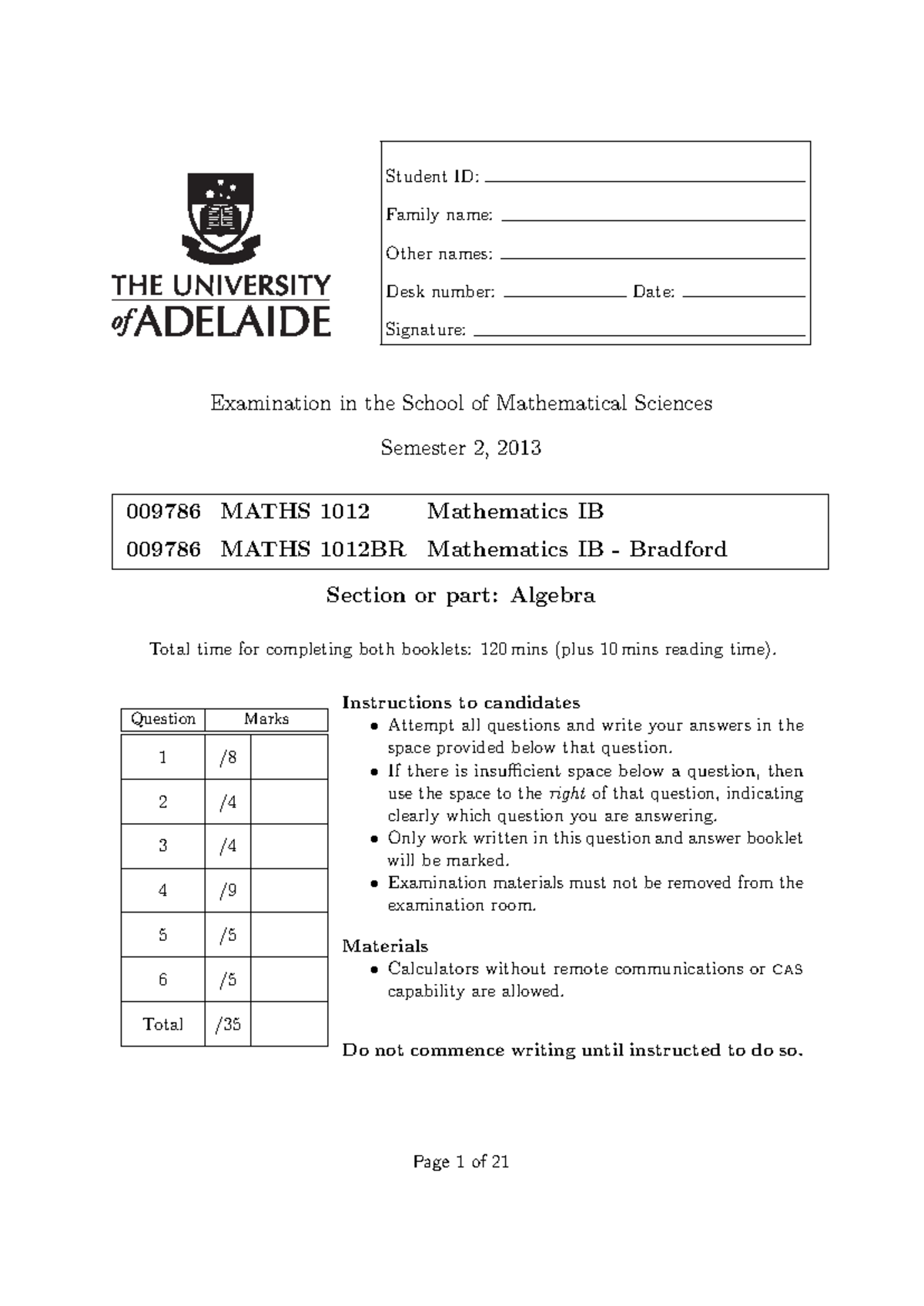 MATHS 1012BR Final Exam: Mathematics IB Algebra S2 2013 - Studocu
