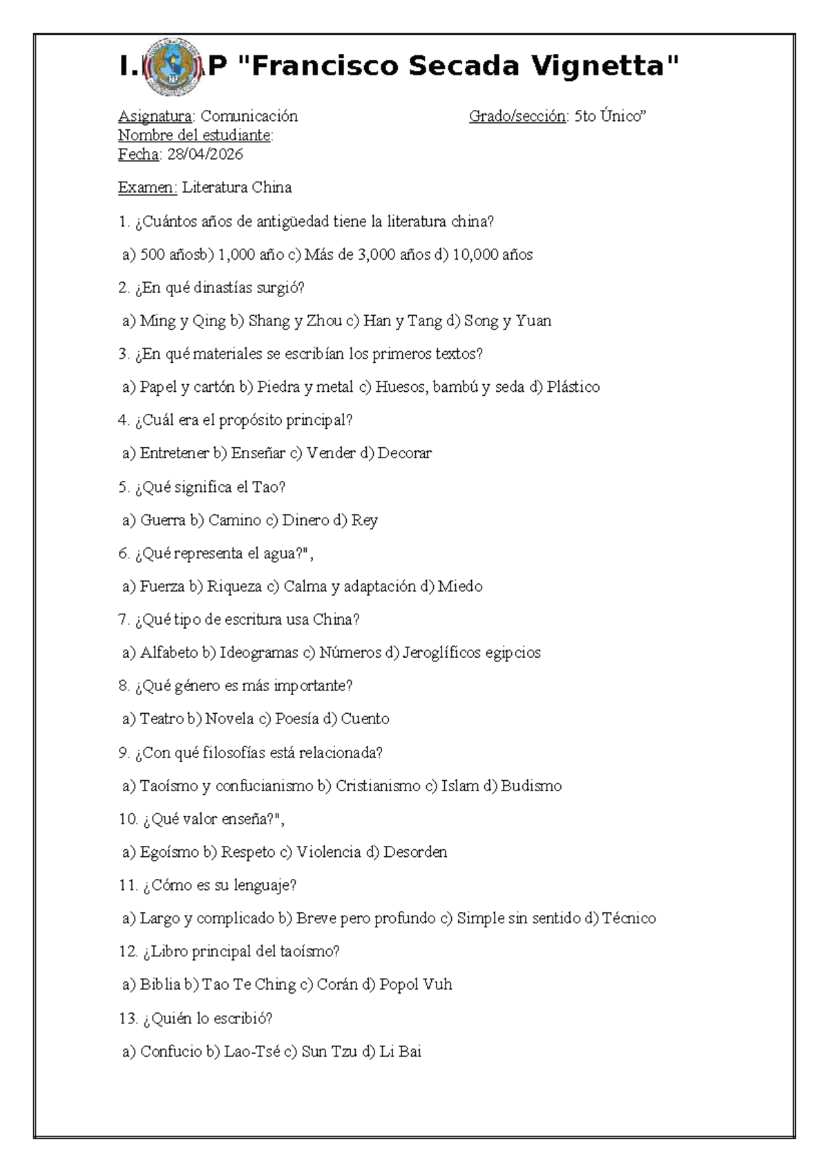 5to Examen: Literatura China - I.E.FAP Secada - Studocu