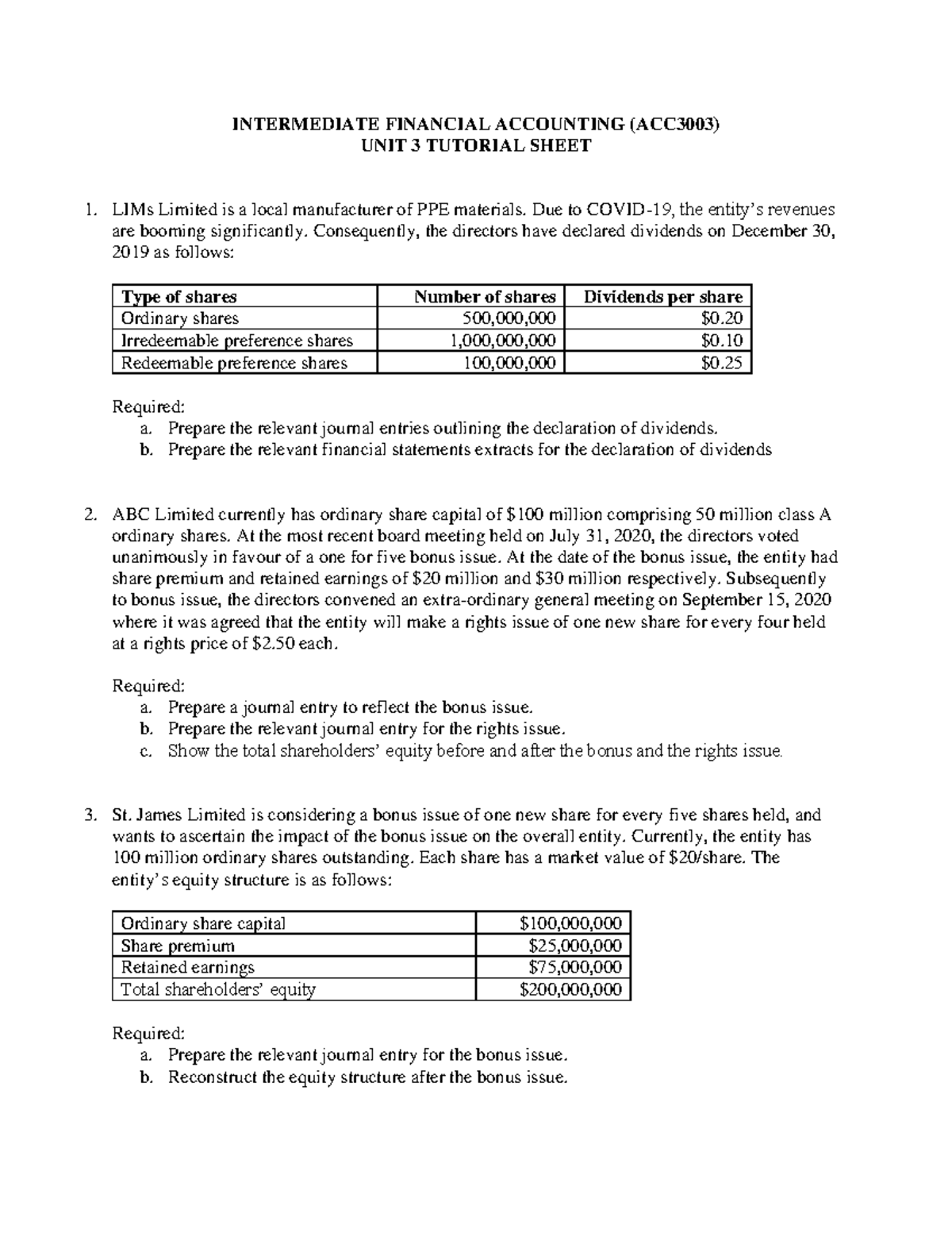 ACC3003 Unit 3 Tutorial Sheet on Bonus and Rights Issues - Studocu