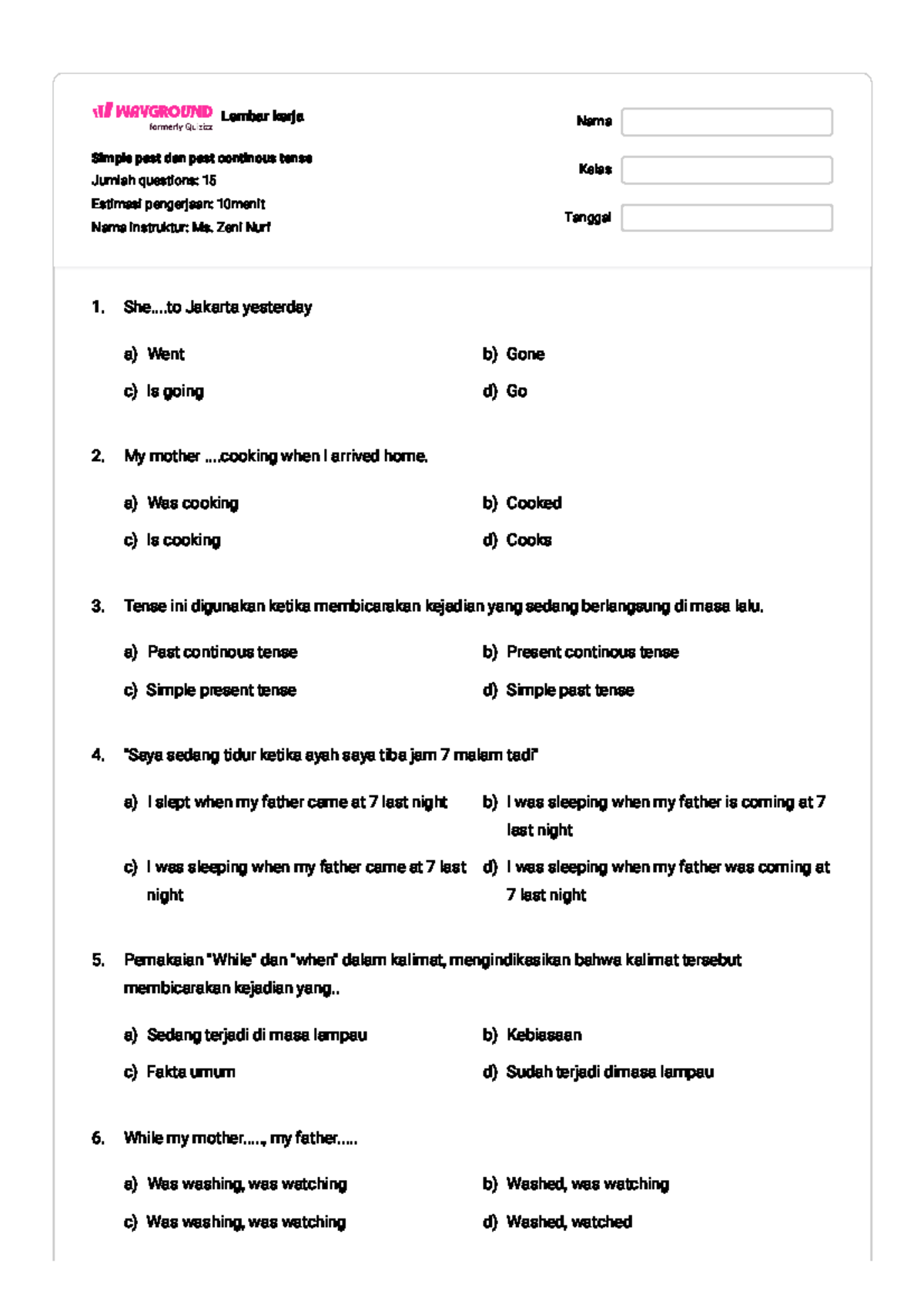 Simple Past & Past Continuous Tense Worksheet - Kelas 10 - Studocu