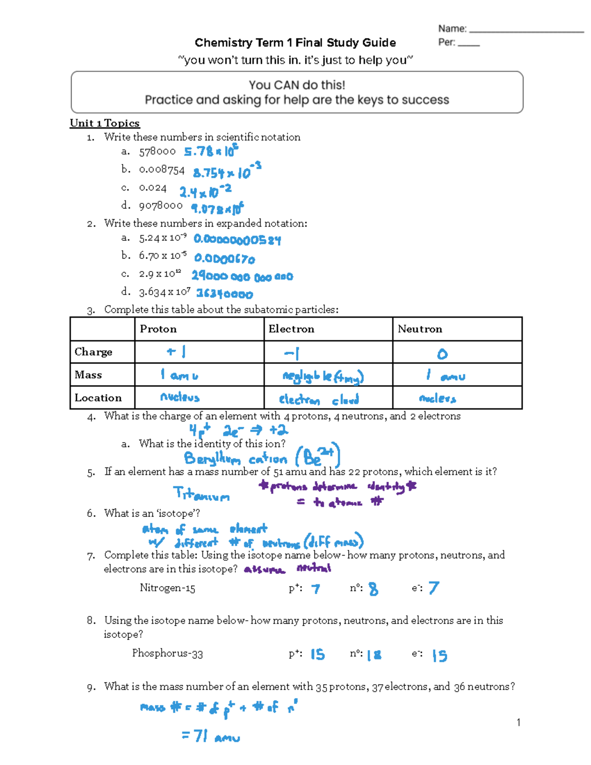 Chemistry Term 1 Final Study Guide: Key Concepts & Practice Problems - Studocu