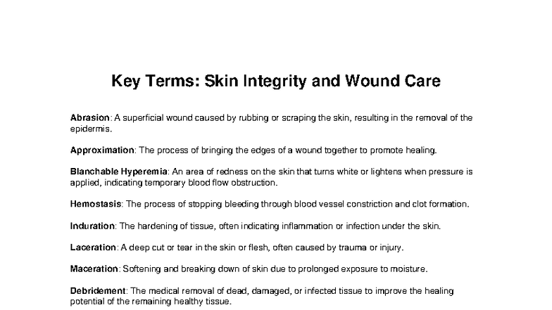 Key Terms for Skin Integrity & Wound Care (NURS 101) - Studocu