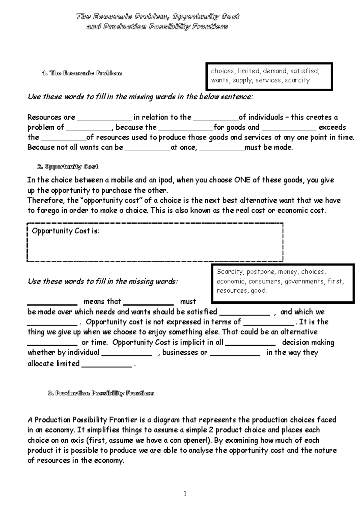 Opportunity Cost and PPF Worksheet (Yr 11) - Revised Edition - Studocu