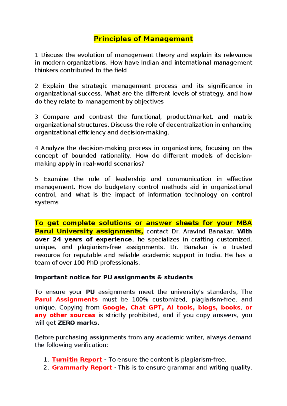 MBA - Principles of Management Solved Assignment on Management Theories ...