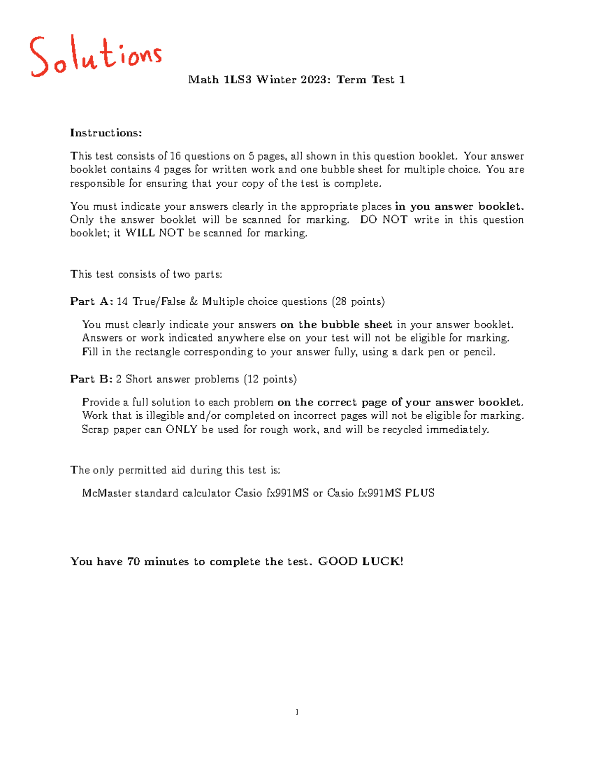 Math 1LS3 Winter 2023: Term Test 1 Instructions and Solutions - Studocu