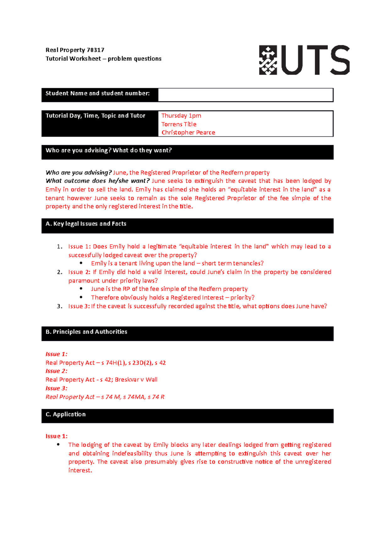 Real Property 70317 Tutorial 2 Worksheet: Caveat Issues and Solutions ...