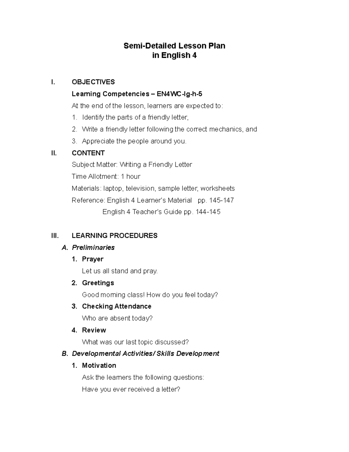 Semi-Detailed Lesson Plan: Writing a Friendly Letter in English 4 - Studocu