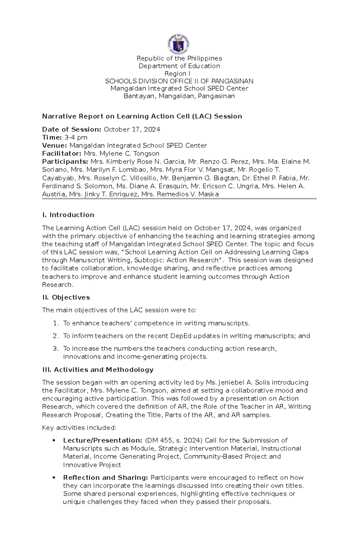 Narrative Report on LAC Session: Enhancing Action Research Skills - Studocu