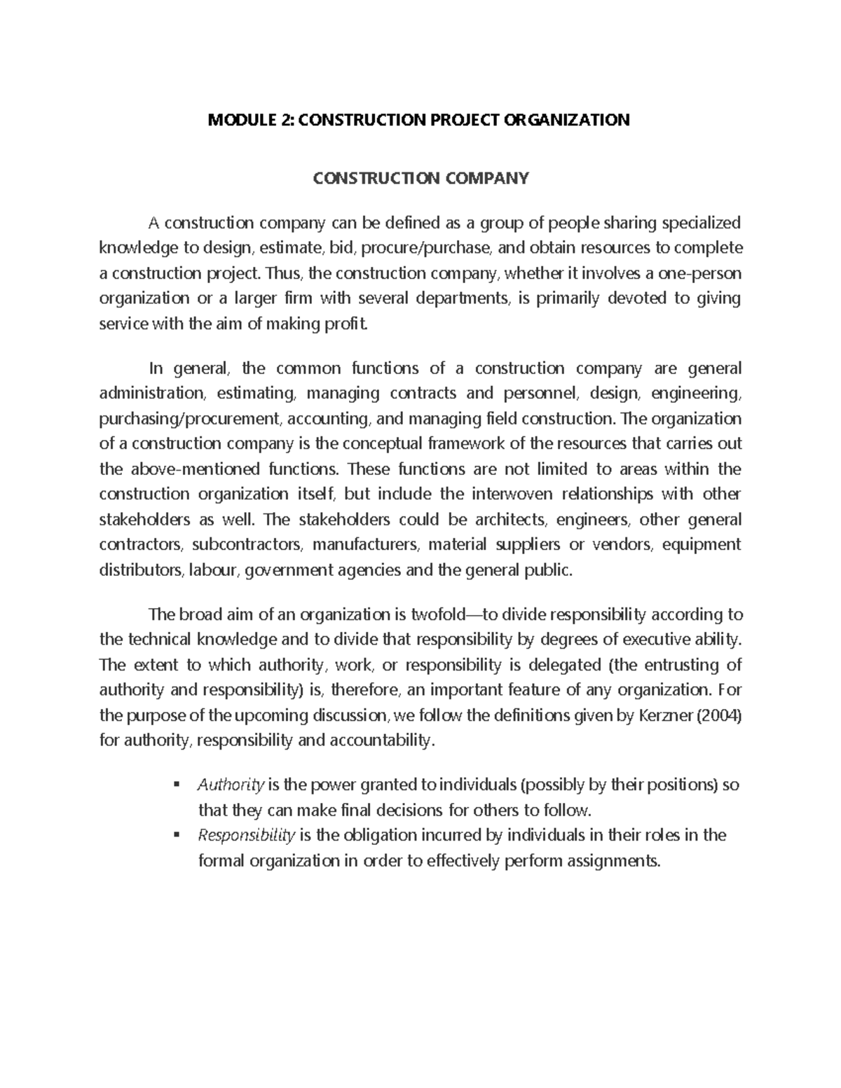 MODULE 2: Lecture Notes on Construction Project Organization - Studocu