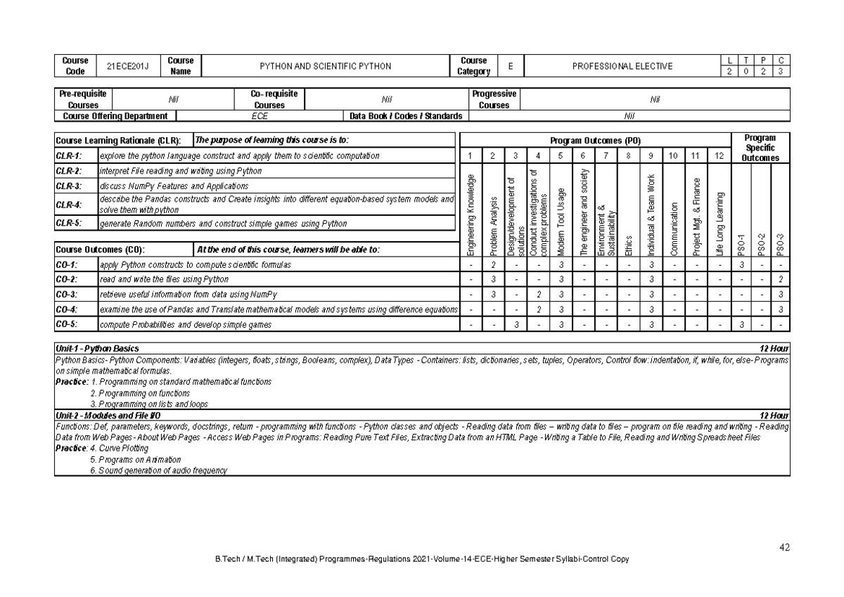 21ECE201J Python and Scientific Python Course Syllabus - Studocu