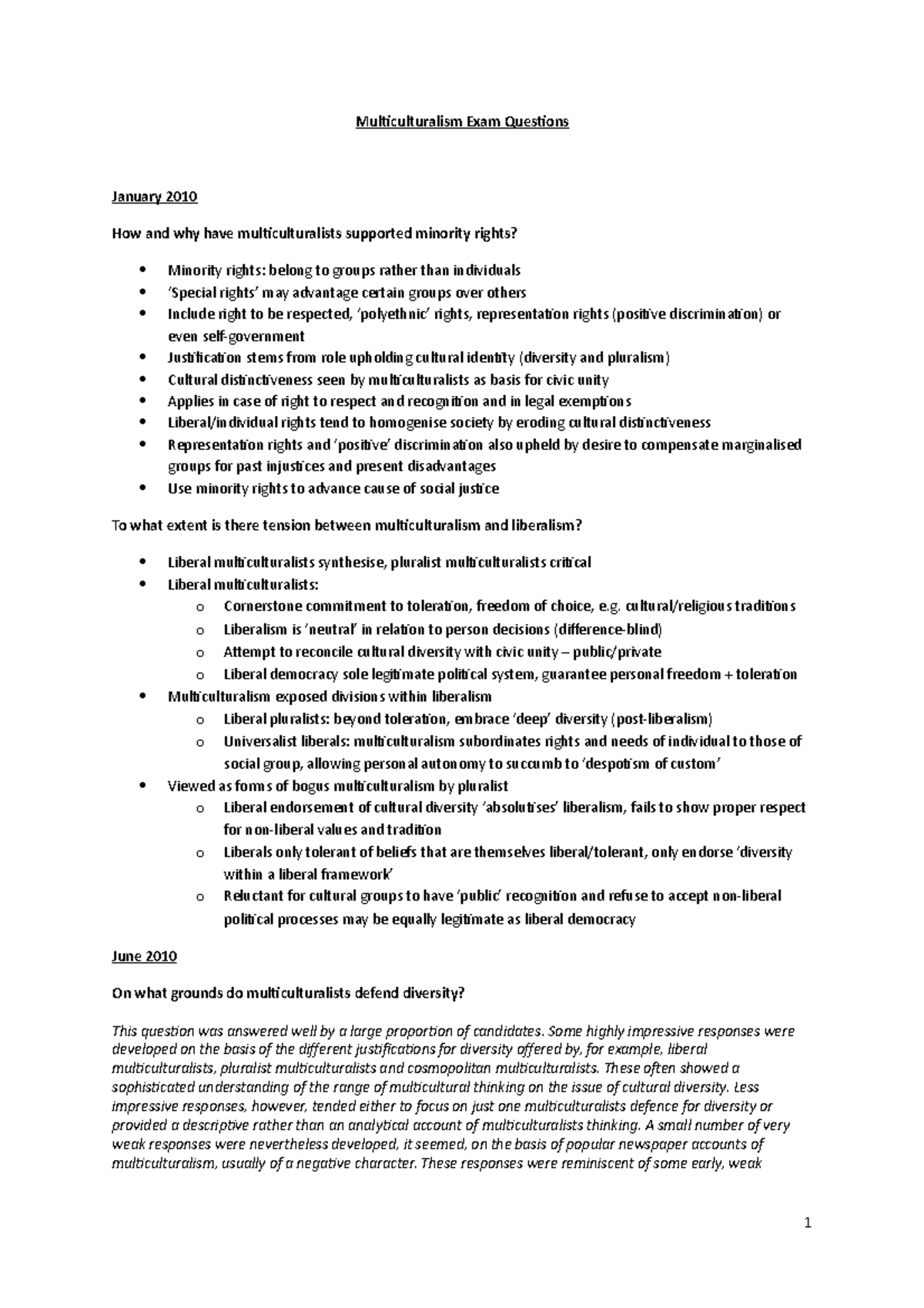 Multiculturalism Exam Questions - Understanding Rights & Unity - Studocu