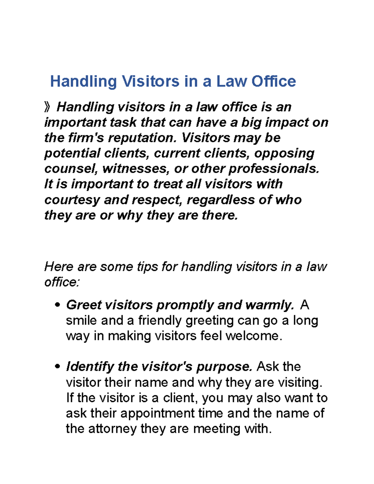 Handling Visitors in a Law Office: Key Tips for Professionalism - Studocu