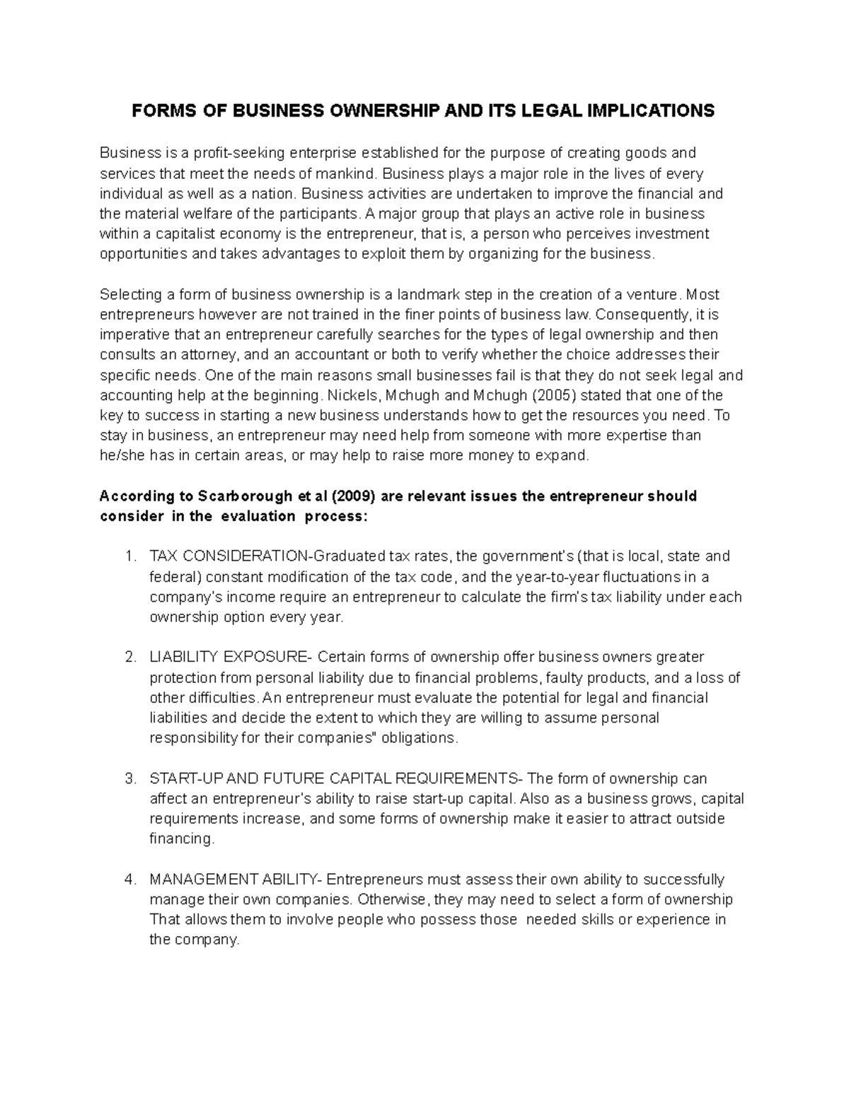 Entrepreneurship (Chapter 5) Business Ownership: Forms & Legal Aspects ...