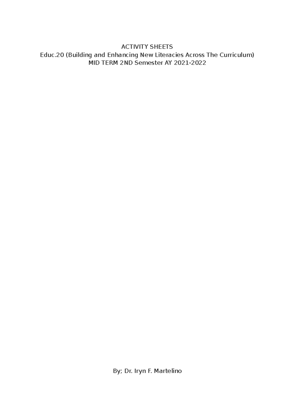 Midterm Activity Sheets for EDUC 20: New Literacies and Skills - Studocu