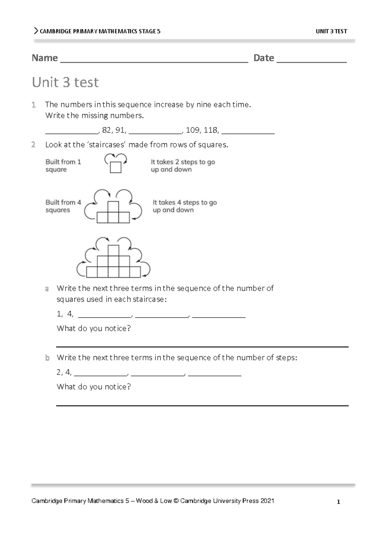 CAMBRIDGE PRIMARY MATHEMATICS STAGE 5 UNIT 3 TEST - MATHS - Studocu