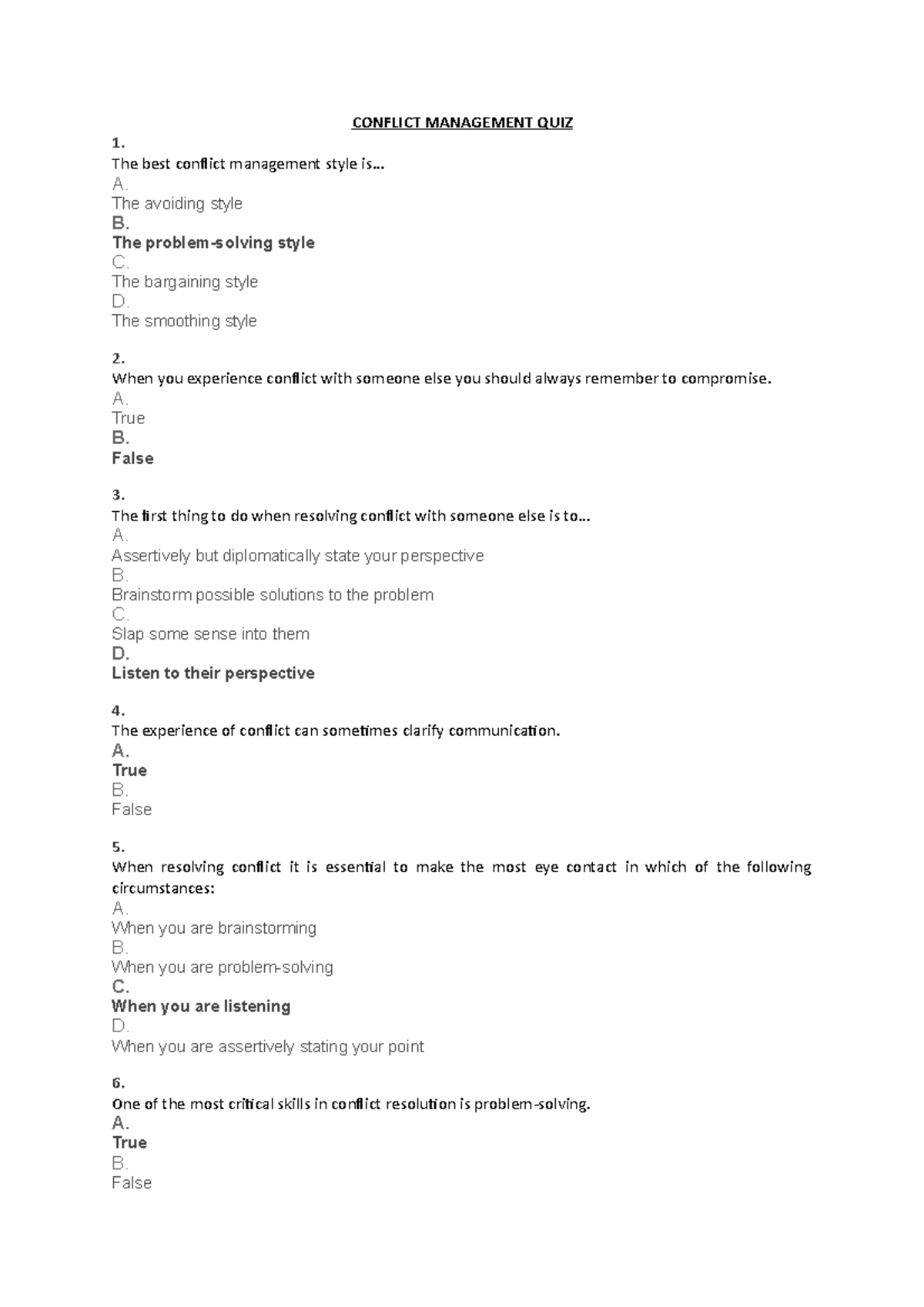 Conflict Management QUIZ - Practice Questions and Answers - Studocu