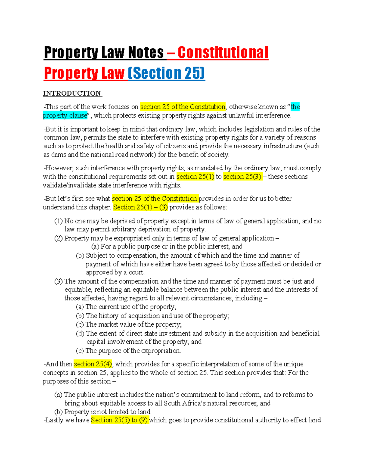 Constitutional Property Law Notes - Section 25 (L&PR 101) - Studocu
