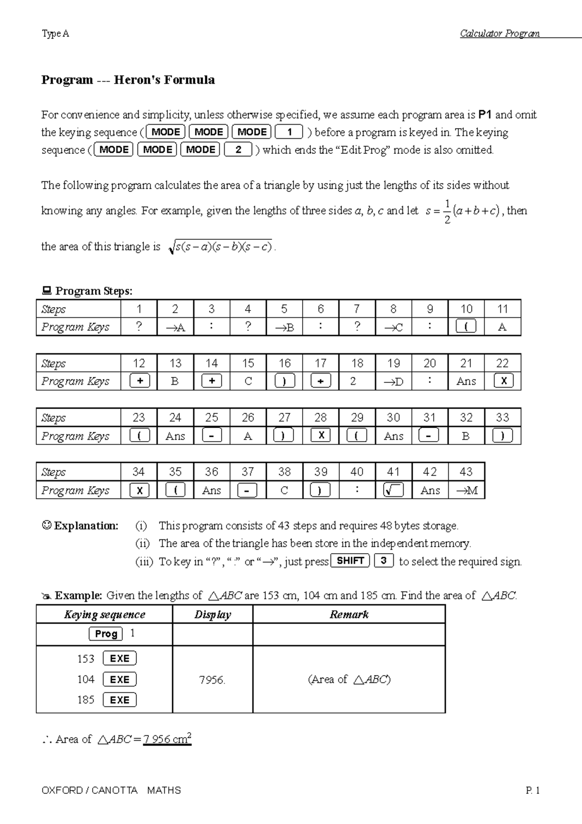NCM(2nd)CAL 5B09 Type A Calculator Program for Triangle Area - Studocu
