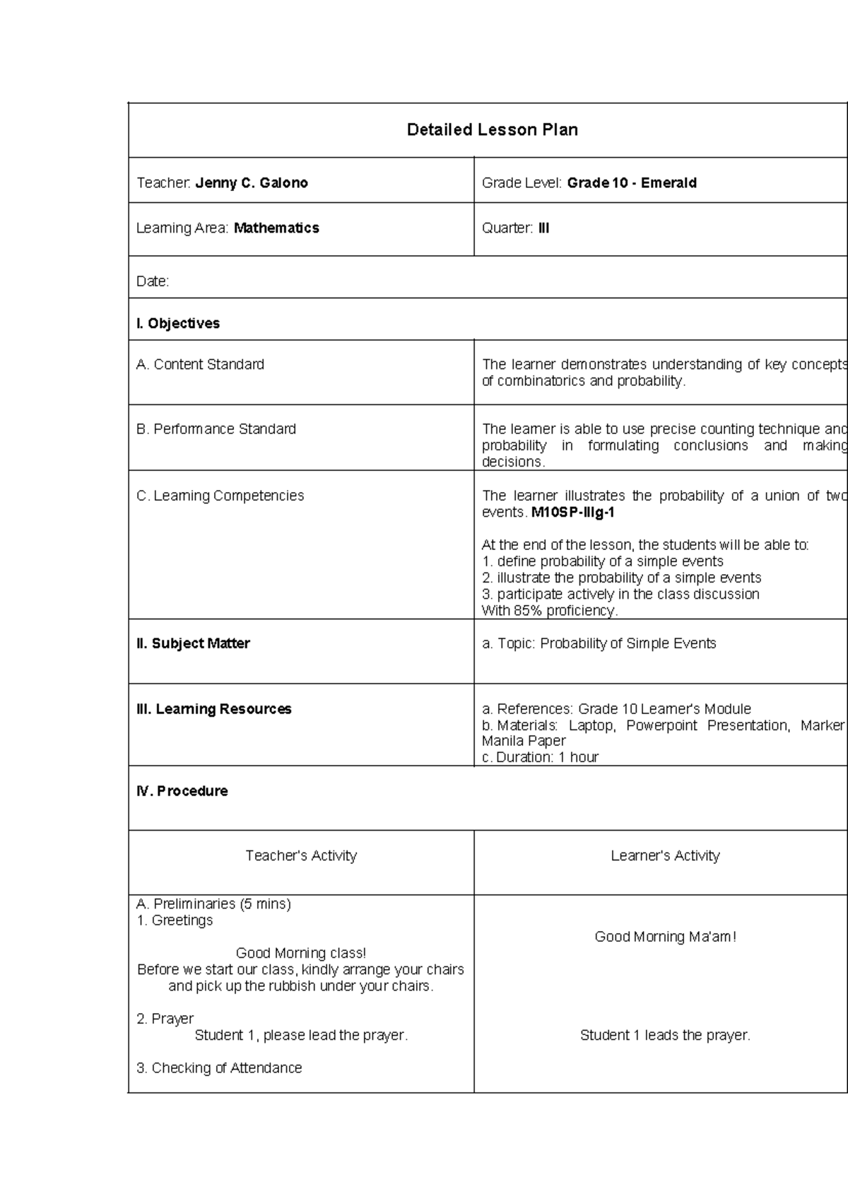 DLP: Detailed Lesson Plan on Probability of Simple Events (M10SP-IIIg ...